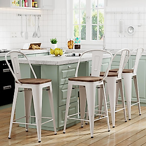 Yongqiang 24" Metal Bar Stools Set of 4 Kitchen Counter Height Bar Chairs High Back Farmhouse Barstools with Large Wooden Seat Cream White