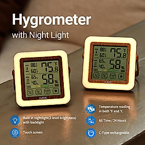 HubiBaby Digital Hygrometer Indoor Thermometer Humidity Meter Room Thermometer, Humidity Monitor for Home, Bedroom, Baby Room, Office, Greenhouse, Cellar, Portable Nightlight (Dark Wood)
