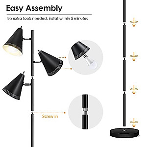 BoostArea Tree Floor Lamp with 3 Adjustable Rotating,Sturdy Industrial Floor Lamp,E26 Socket,Stand Up Tall Pole Lamps for Living Room, Bedroom, Home, Office(No Bulbs)