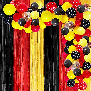3 Pack Foil Curtains-8x9.84 Ft Red Gold and Black Fringe Metallic Backdrop Curtain for Mickey Mouse Themed Baby Shower Birthday Nursery Party Decorations