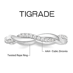 TIGRADE Women Eternity Ring Twisted Rope Cubic Zirconia Engagement Wedding Band Size 4-12, Silver, Size 7.5