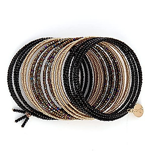 Coiris Multilayer Seed Beads Stretch Bracelets Tiny Beaded Stackable Strand Bangle for Women Girls（BR-1211-Black Gold Ancient Brown）