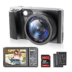 4K Digital Camera,Autofocus 48MP Vlogging Camera for Photography YouTube Compact Camera with Flash,18X Digital Zoom, Anti Shake, Macro Photography, 32G SD Card and 2 Batteries