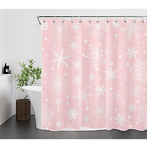 LB Pink Christmas Shower Curtain for Bathroom, Winter Snowflake on Pink and White Fabric Shower Curtain with Hooks, New Year Holiday Bathroom Curtain Shower Set, 72" W x 78" L