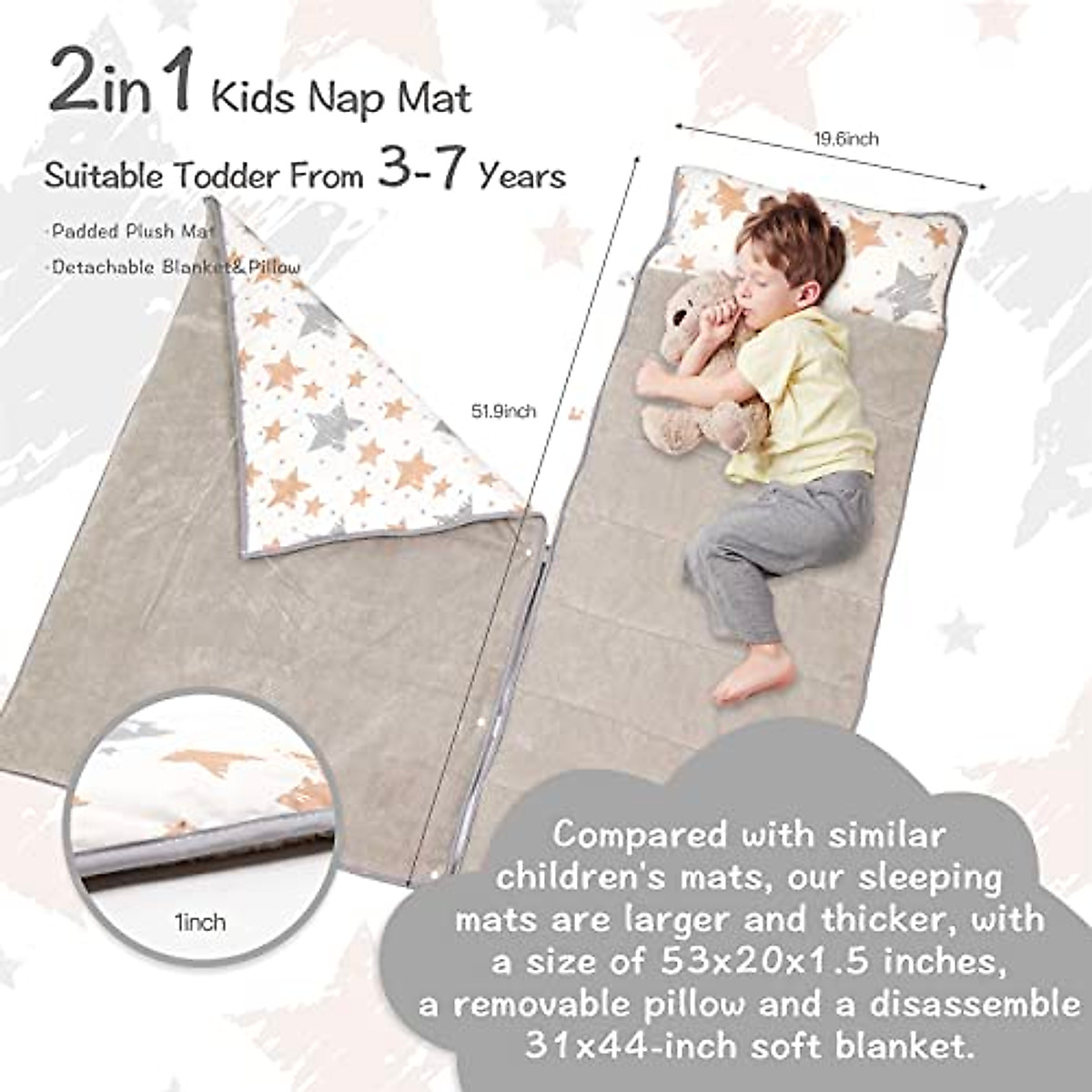 Dad-Baby Toddler Sleeping Bag,Toddler Nap Mat with Removable Blanket and Pillow,Extra Large Rolled Napping Mats,Kids Sleeping Bag for Daycare, Preschool Travel Camping (Stars Pattern)