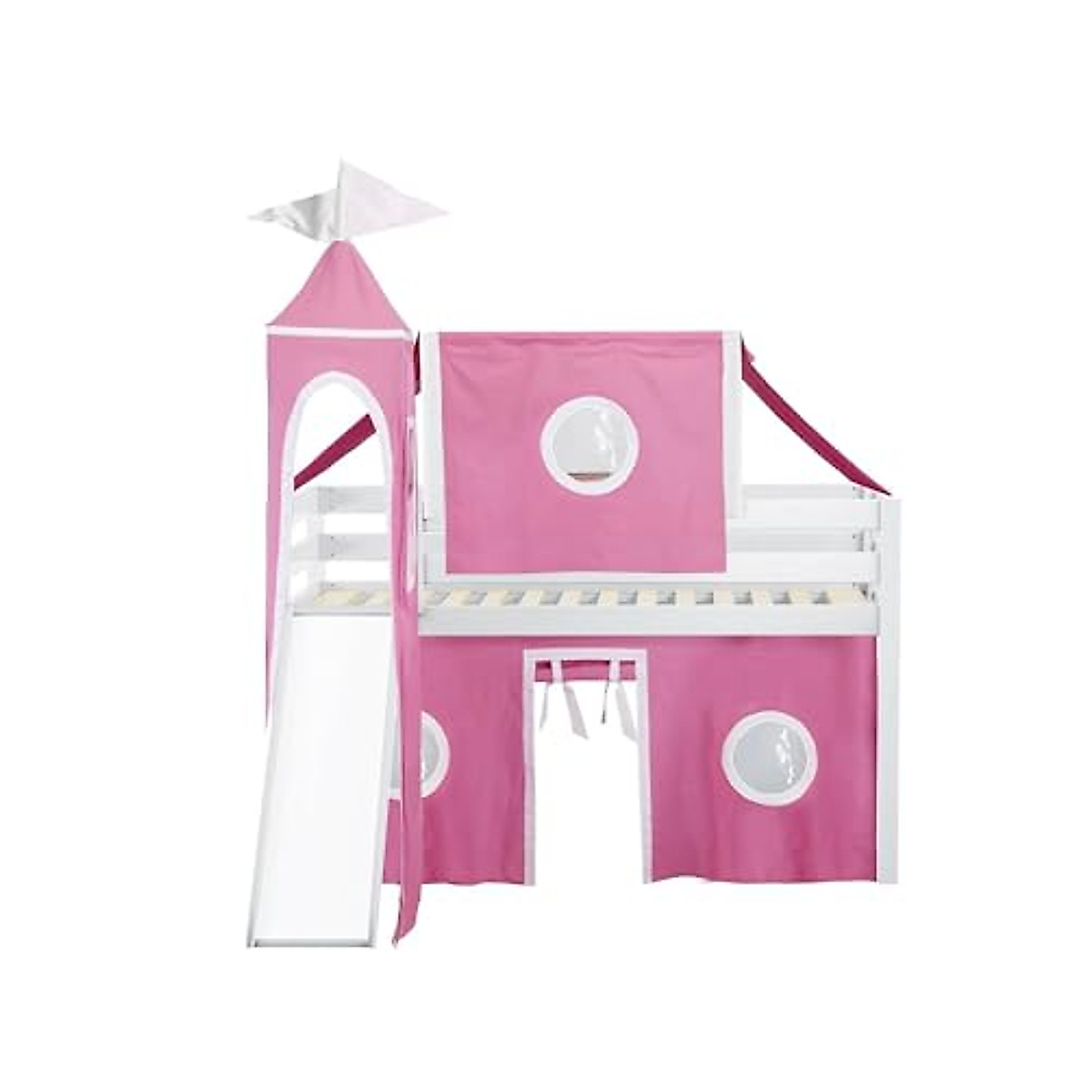 JACKPOT! Princess Low Loft Bed with Slide, Pink and White Tent and Tower, Twin, White