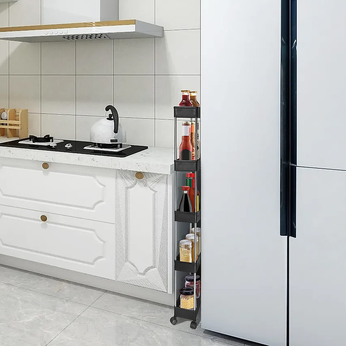 mupera Slim Storage Cart - Upgraded 5 Tier Rolling Utility Cart with Wheels Organizer for Kitchen Bathroom Laundry Narrow Places, Tower Rack Shelf Trolley Cart w/ 8 Side Hooks, Black