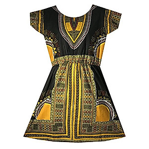 Decoraapparel Girls Dashiki Caftan African Short Baby Doll Dress Above Knee Length (X-Large, Black Yellow)
