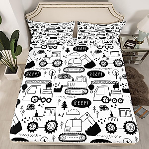 Cartoon Cars Kids Fitted Sheet Full Size,Tractor Truck Excavator Toddler Bedding Set,Girls Boys Adults Room Decor,Construction Vehicles Bed Cover,Black White Chic Bed Sheet,2 Pillowcases