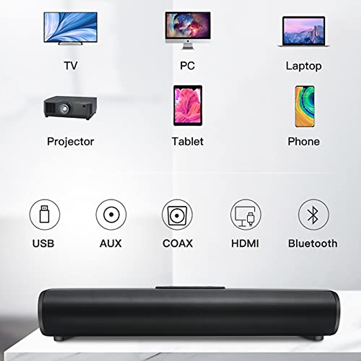 LIPEILA Soundbar for TV with Bluetooth 50W Speakers for TV Home Theater Audio Surround Sound System Small Sound Bar with Subwoofer for TV PC Projectors Tablets,Remote Control,Opt/AUX/USB/HDMI (Brown)