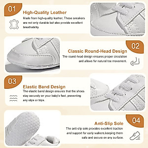 KIDSUN Infant Baby Boys Girls Sneaker Leather Soft Sole Anti-Slip Newborn Toddler White Casual Shoes First Walker Crib Shoes