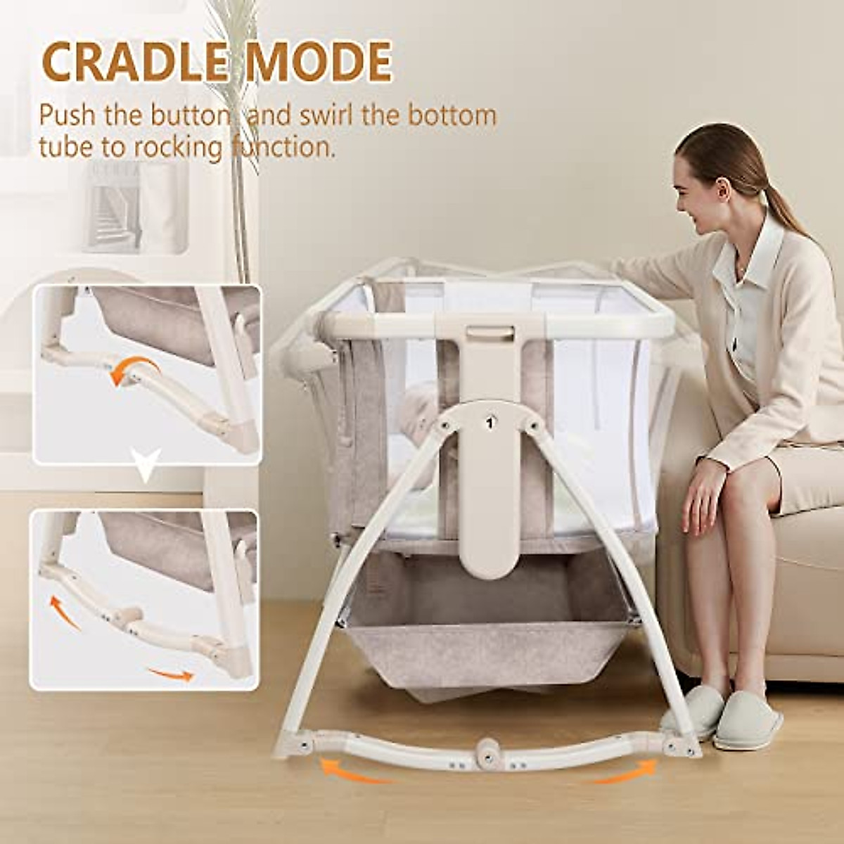 JOYMOR Bedside Sleeper Rocking Bassinet, Height Adjustable Breathable Net Bed Side Baby Cribs with Washable Mattress,Mosquito Net,Storage Basket for Infants, Beige