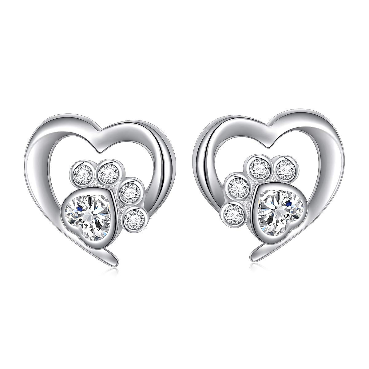 Heart Paw Stud 925 Sterling Silver Cute Cat Dog Paw Print Heart Cz Stud Earrings for Women Memorial Birthday Jewelry