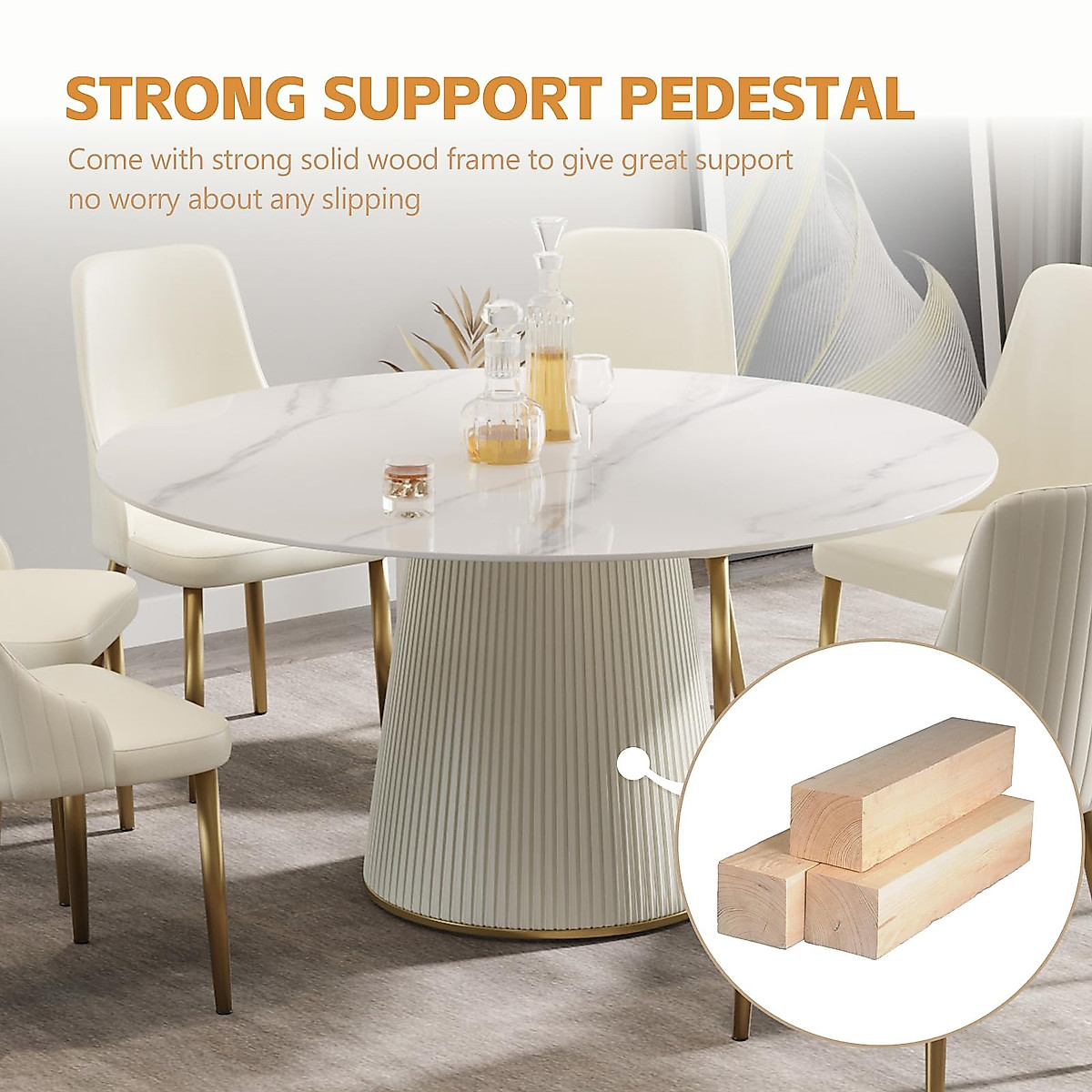 53'' Round Marble Dining Table for 4, Modern White Sintered Stone Top Kitchen Table for Dining Room,Faux Marble Circle Dining Table with Solid Wood Panel Pedestal,Wrapped in PU Leather(Only Table)