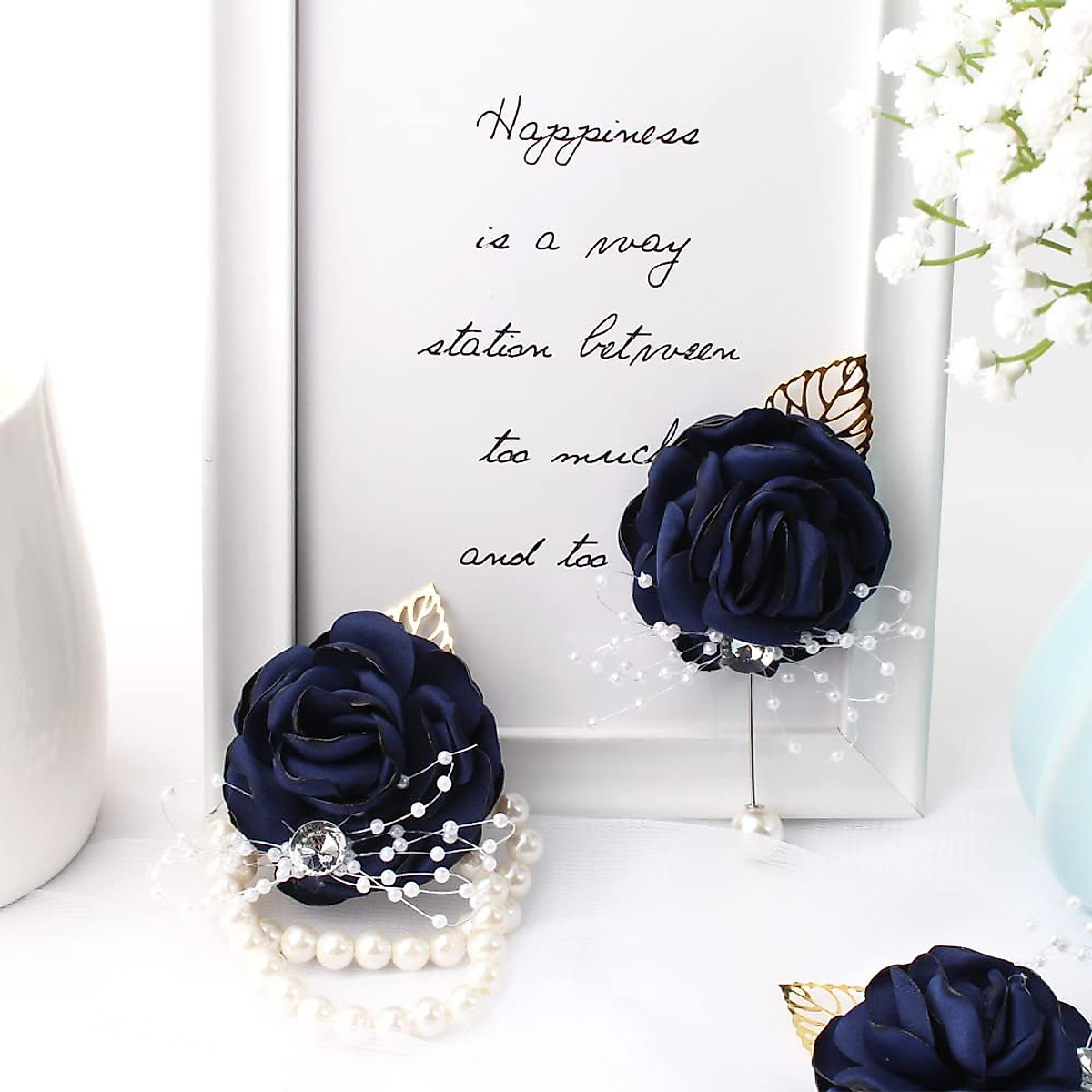WANLIAN Wrist Corsage Rose Bridesmaid Wedding Flowers Prom Corsage And Boutonniere Set for Wedding Party Prom Groom Bridal (Navy blue)