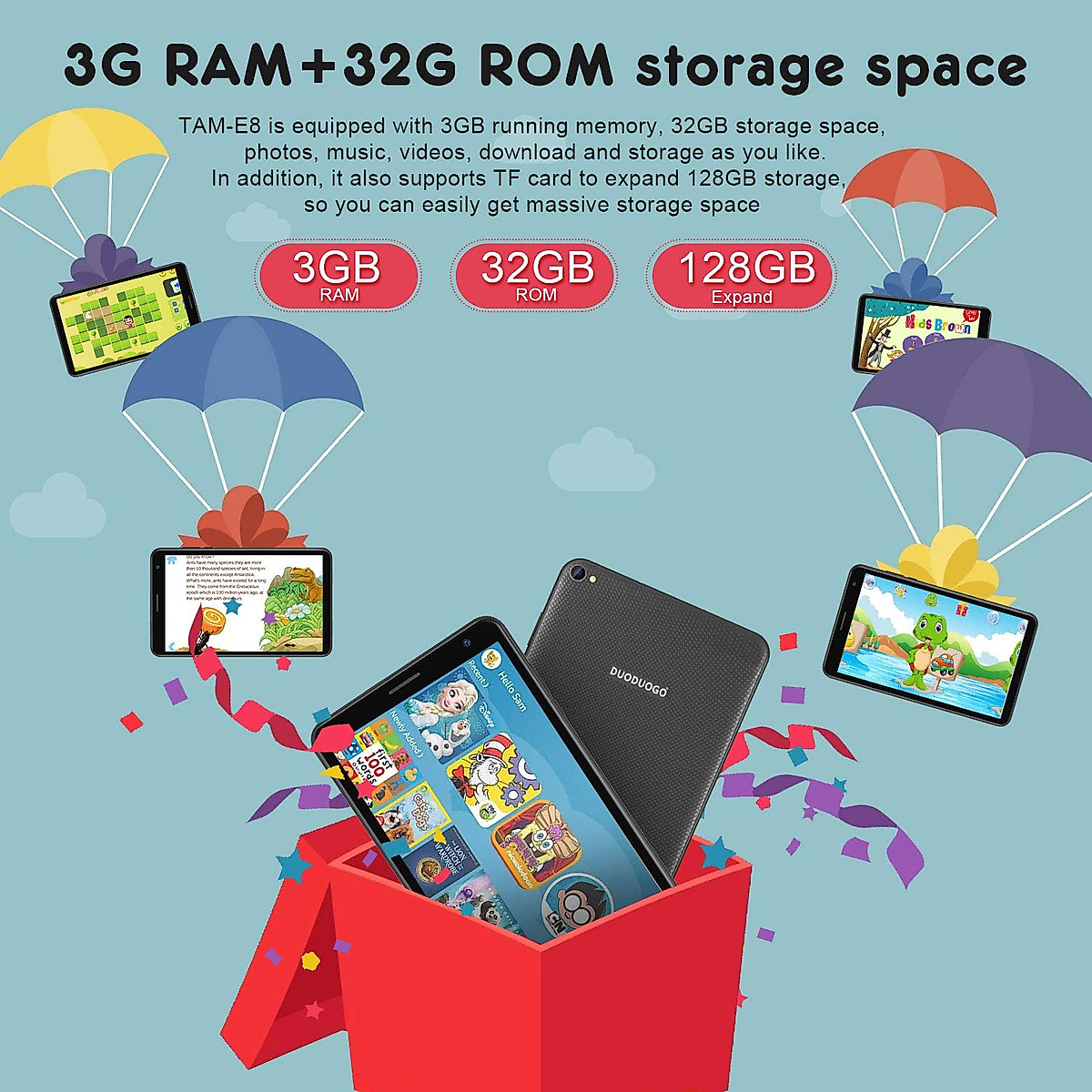 DUODUOGO Android 10.0 Tablets 3GB RAM 32GB ROM 128GB Extended, 4 Core 1.6Ghz CPU, Dual Camera, 8 Inch WiFi Tablet PC (Gray)