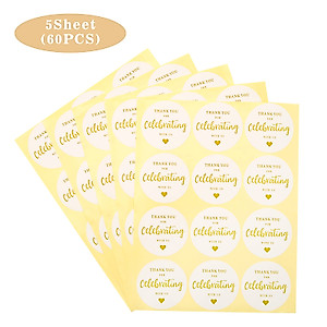 G2PLUS Thank You for Celebrating with Us Stickers,60PCS 2 Inch Round Thank You Sticker Labels for Invitation Envelopes for Wedding, Birthday Baby Shower, Party Favor (Gold)