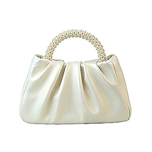 HEYCUE Women's Elegant Pearl Handbag Pleated Design Crossbody Purse Wedding Prom Bride Clutch Purse With Pearl Chain