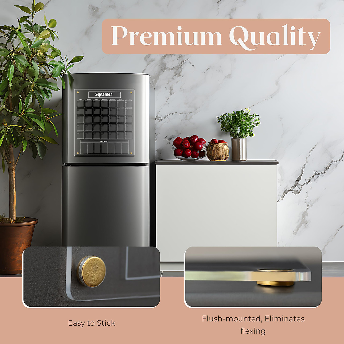 AJA House Acrylic Magnetic Fridge Calendar - Clear Refrigerator Dry Erase Board Calendar | Magnetic Monthly Grid And Weekly Planner Section | 15’’x17’’ Vertical Fridge Calendar | Gold Magnets