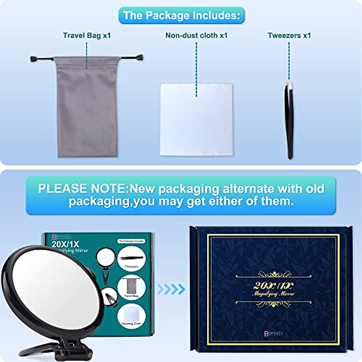 5Inch,20X Magnifying Mirror, Two Sided Mirror, 20X/1X Magnification, Folding Makeup Mirror with Handheld/Stand,Use for Makeup Application, Tweezing, and Blackhead/Blemish Removal. (Black)