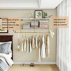 MAIKAILUN Wall Mounted Clothes Rack Gold with Shelf, 52" Long Industrial Pipe Clothing Rack with 2 Tier Shelves Heavy Duty Iron Garment Rack Bar,Retail Display Clothes Rod for Clothes,Laundry Room
