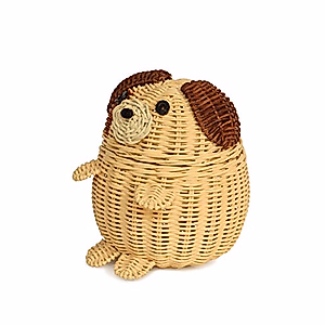 G6 COLLECTION Dog Rattan Storage Basket with Lid Decorative Home Decor Hand Woven Shelf Organizer Cute Handmade Handcrafted Nursery Gift Art Animal Decoration Artwork Wicker Puppy (Small)