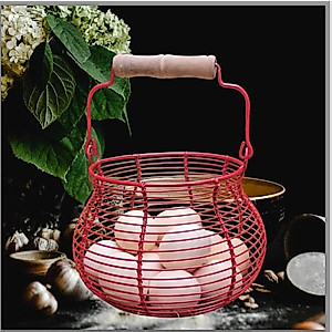 LINCOUNTRY Wire Egg Basket for Gathering Fresh Eggs,Red Egg Baskets for Fresh Egg Farmhouse,Egg Collecting Basket,Round Metal Egg Basket With Handle,Refrigerator Countertop Holder, Kitchen Storage Bin