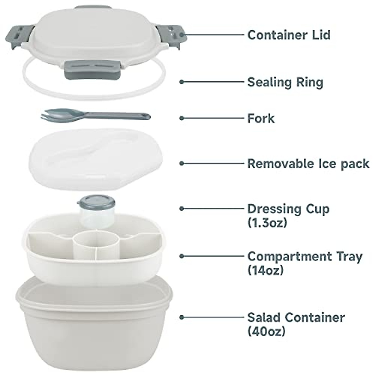 Bokzen Freezer Bento Box, Salad Lunch Containers with Built-In Ice Pack & Fork for Food Freshness, 1.2L 4-Compartment Leakproof Chill Bento Lunch Box for Adults