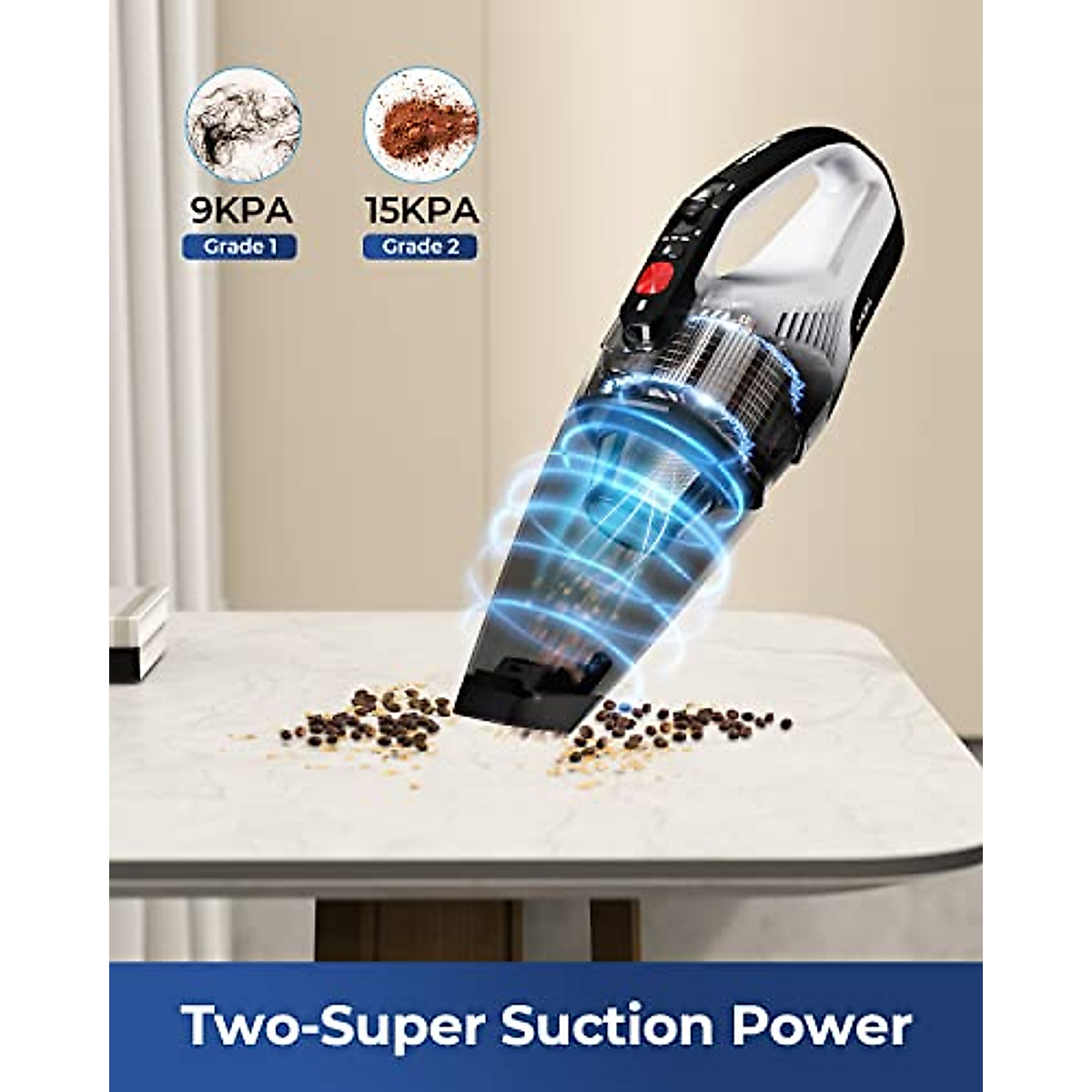 VAKERR Handheld Vacuum Cordless Cleaner, 15KPA Strong Suction Car Vacuum with LED, 2H Fast Charge with 45 Mins Runtime, 2 Modes Rechargeable Detachable Battery, 1L Dust Cup for Home Pet &Car Cleaning