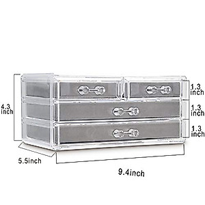 Frebeauty Acrylic Jewelry Box 4 Drawers,Clear Jewelry Organizer Velvet Rings Necklaces Earring Bracelets Display Case Stand Holder Tray for Women Girls (Gray)