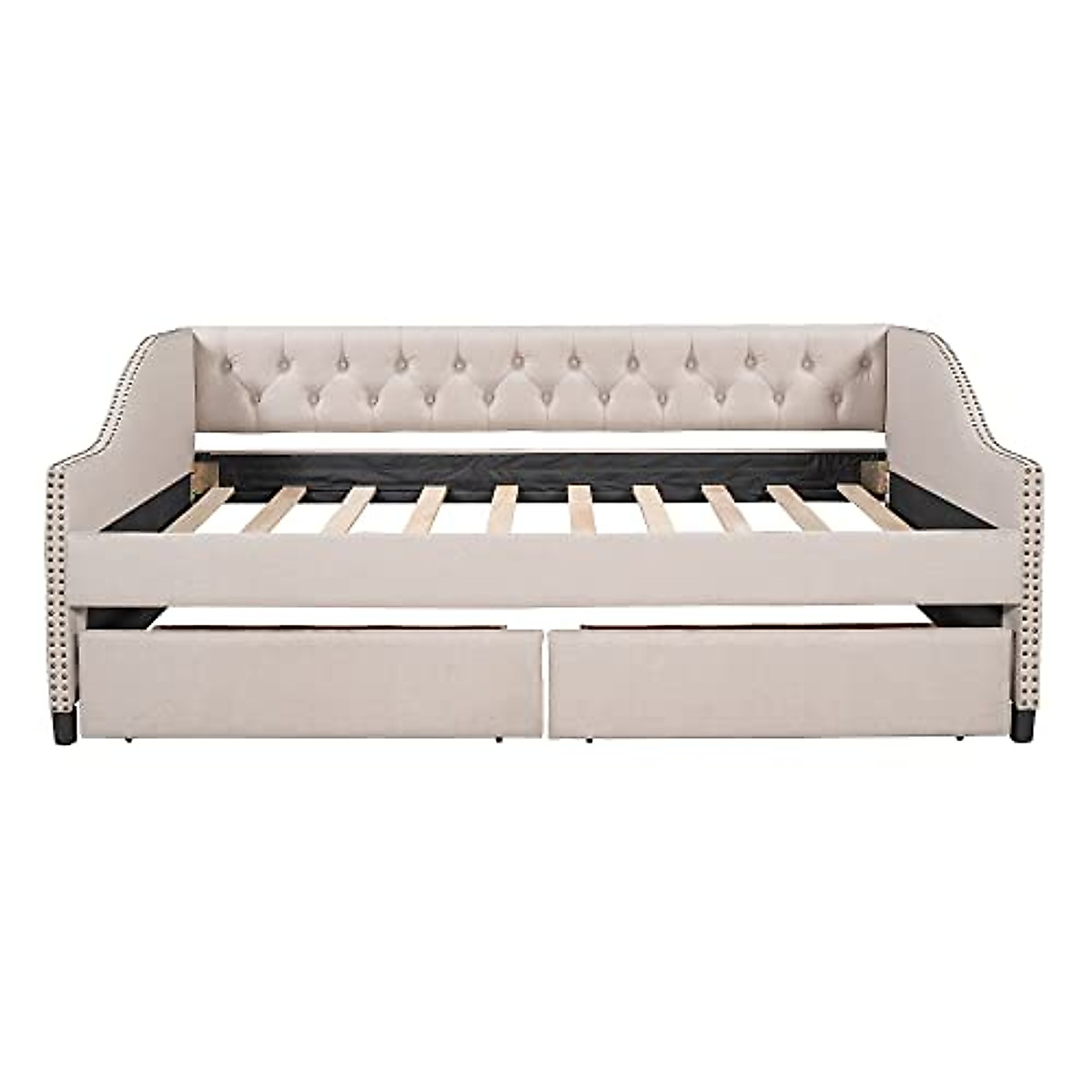 Upholstered Full Daybed with Two Storage Drawers, Full Size Button Tufted Sofa Bed Daybed with Nailhead Trim and Wood Slat Support (Beige Fabric)