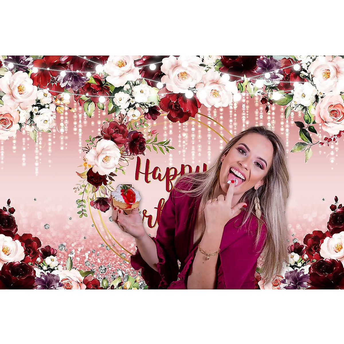 Sensfun Floral Happy Birthday Backdrop Burgundy Flowers Rose Gold Glitter Bokeh Spots Photo Background Vinyl Women Birthday Party Cake Table Decorations Photoshoot Banner (7x5ft)