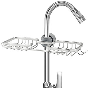 Ravinte Sponge Holder for Kitchen Sink, Hanging Drain Sink Sponge Holder Over Facuet Sponge Holder Sink Caddy Faucet Rack for Kitchen Sink Organizer and Bathroom Shower Rack--Double Square, Silver
