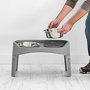 IRIS USA Large Elevated Pet Feeder with Attachable Legs and 2 Stainless Steel Bowls, For Small to Large Dogs Cats with 2 Quart Bowls and 12"H Legs Raised Pet Feeding Station, Dark Gray