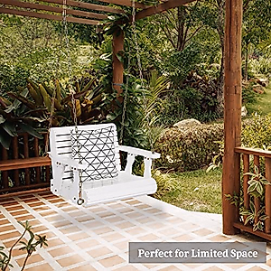 VINGLI Heavy Duty 440 LBS 1-Person Wooden Patio Porch Swing for Adults & Kids, Well-Finished Outdoor Single Swing Chair Bench with Adjustable Chains for Porch, Yard, Balcony, Tree (White)