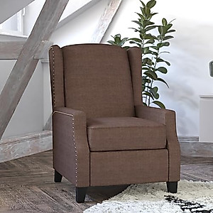 Flash Furniture Prescott Traditional Style Slim Push Back Chair-Wingback Recliner with Polyester Fabric Upholstery-Accent Nail Trim, Set of 1, Brown