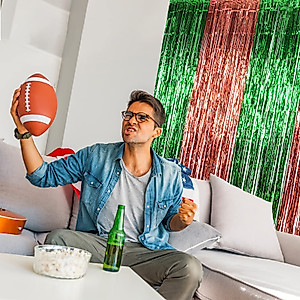 LOLStar 3 Pack Superbowl Photo Booth Prop, Football Party Decorations, 3.3x6.6 ft Dark Green and Brown Foil Fringe Curtain Photo Backdrop for Super Bowl Sunday Party, Football Themed Party Decoration