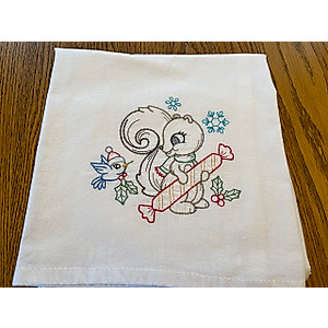 Christmas embroidered tea towel, flour sack towel, vintage pattern, 1 in set of 7 designs, Christmas animals,