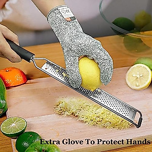 Sunivaca Lemon Zester Tool, Zester Grater with Handle, Citrus Zester, Parmesan Cheese Grater Handheld - Sharp Premium Stainless Steel Fine Blade Extra Long Size with HPPE Resistant Cut Glove