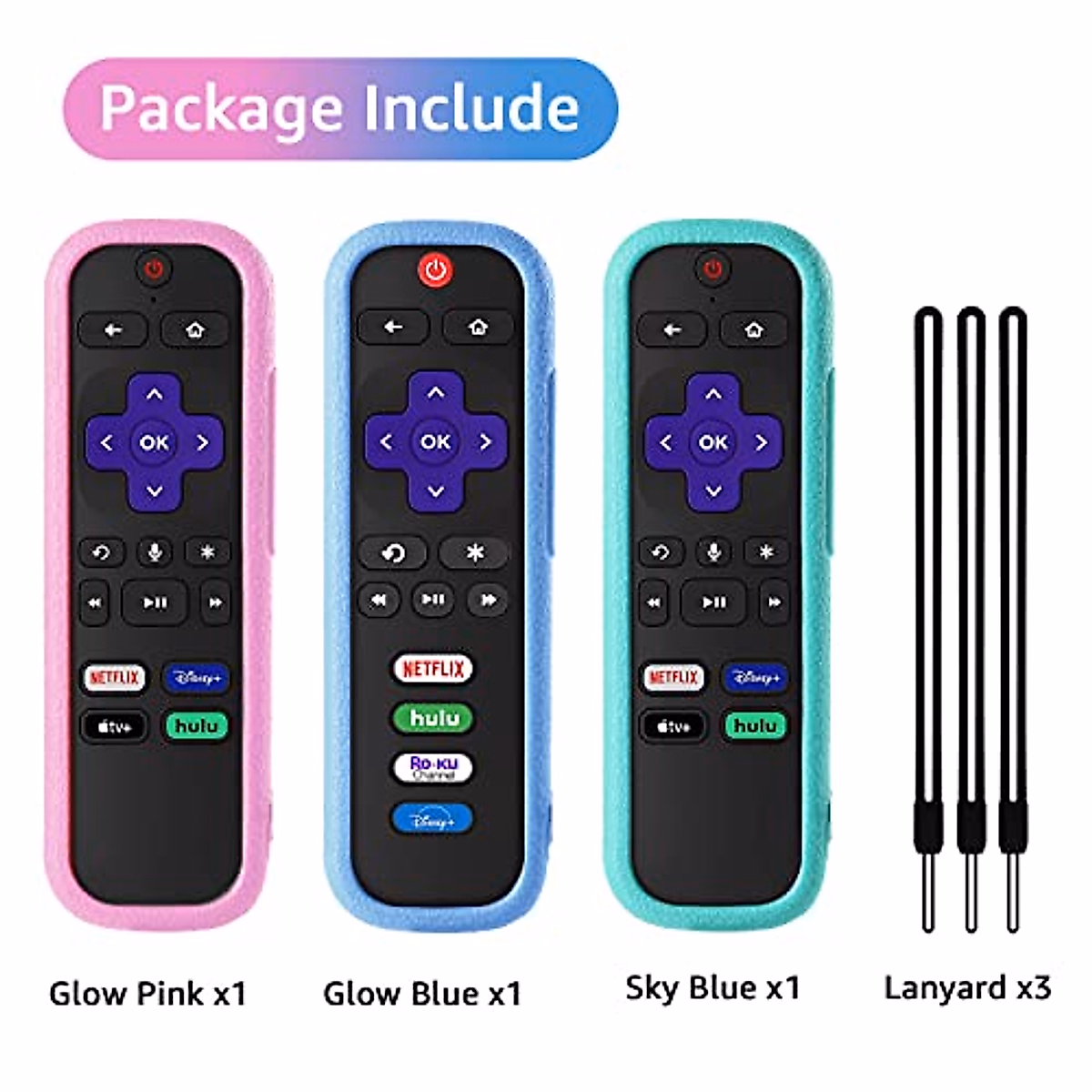 3 Pack Remote Cover for Roku, The Remote Case Compatible with Roku Voice Remote Official, Silicone Universal Protective Controller Sleeve for Roku TV Remote Glow in The Dark Pink Blue