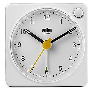 Braun Classic Travel Analogue Clock with Snooze and Light, Compact Size, Quiet Quartz Movement, Crescendo Beep Alarm in White, Model BC02XW, One