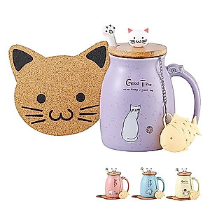 BigNoseDeer Kawaii Tea Cup Cute Cat Mug Purple Gifts for Women Christmas Gifts Ceramic Coffee Mug Tea Cup with Infuser and Lid Spoon Coaster Cute Stuff Cat Gifts Birthday Gifts Christmas Mugs 13oz