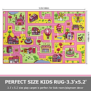 Capslpad Kid Rug for Playroom Pink Play Rug Traffic Road Car Play Mat 5.2x3.3 ft Educational Learning Area Rug Washable Kids Carpet for Children Girls Bedroom,Playroom,Nursery Room Decor