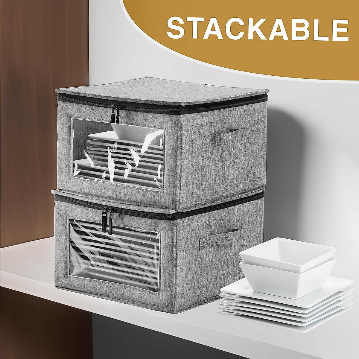 2 PACK Square China Storage Containers for Dishes, 12"x12"x8" Plate Storage, Dish Storage Containers with Lid and Handles, Heavy Duty Dinnerware Storage, Hard Shell and Stackable, 24 Felt Dividers