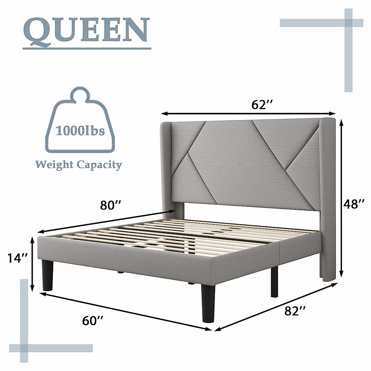 wOod-it Queen Size Platform Bed Frame with Headboard, Upholstered Bedframe with Wingback / 12 Solid Wooden Slats/No Box Spring Needed/Noise-Free/Easy Assembly, Light Gray