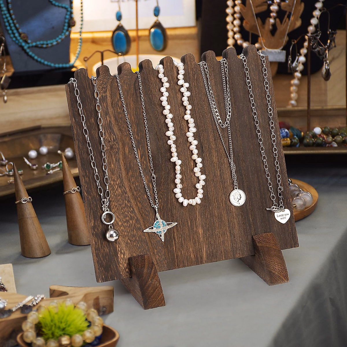 ZOOFOX Set of 2 Wood Necklace Display Stand, Jewelry Easel Display Holder for 16 Necklaces, Jewelry Display Stand for Vendors, Shows