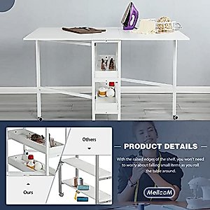 MELLCOM Home Hobby Craft Table with Storage Shelves, Mobile Folding Cutting Table for Large Fabric, Foldable Table for Home Office Sewing Room Craft Room, Fixed Height 35.5in