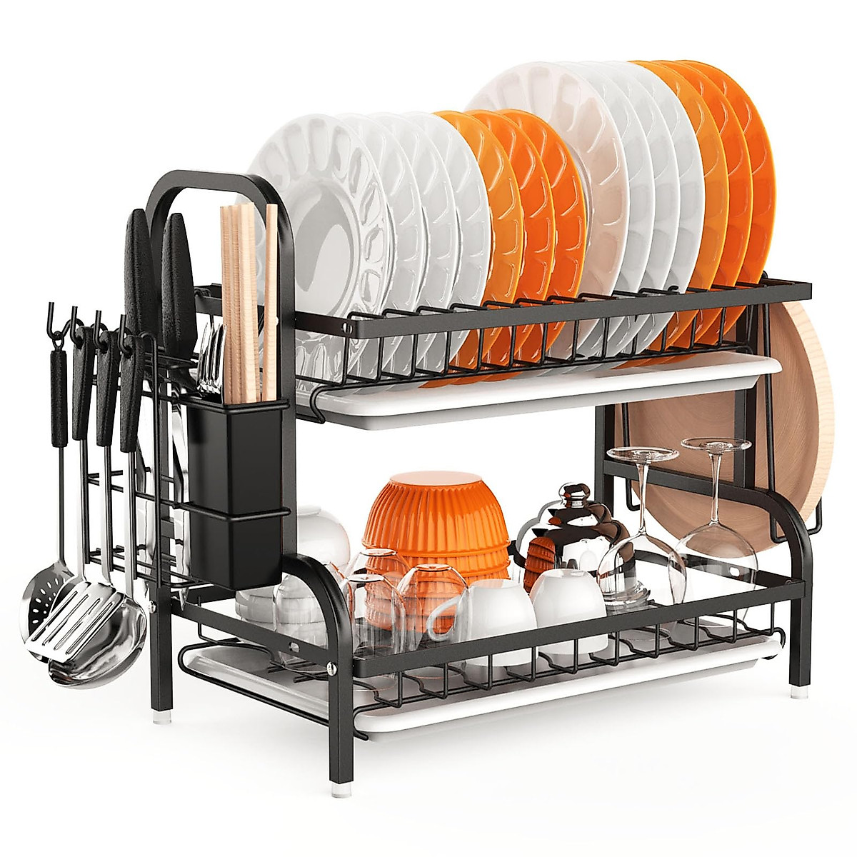 DUCHIFAD Dish Drying Rack, 2-Tier Dish Racks for Kitchen Counter, Sink Dish Drainer with Drainboard, Utensil Holder and Cutting Board Holder, Stainless Steel Kitchen Drying Rack-Black