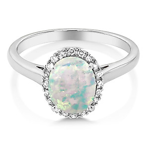 Gem Stone King 10K White Gold White Simulated Opal and Diamond Engagement Ring For Women (0.60 Cttw, Oval Cabochon 9X7MM) (Size 7)