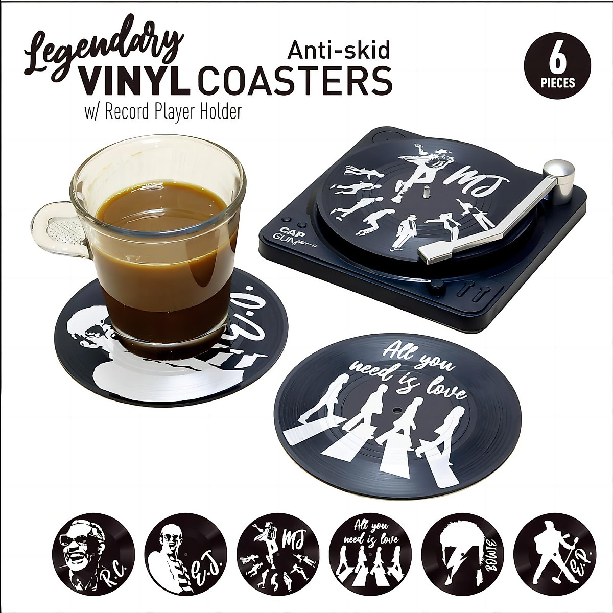 REDIVA Vinyl Record Coasters for Drinks with Record Player Holder, 6 Pcs Retro and Legendary Coasters Set, Funny Coasters for Music Lovers, Housewarming Hostess Gifts, Birthday Gift Ideas